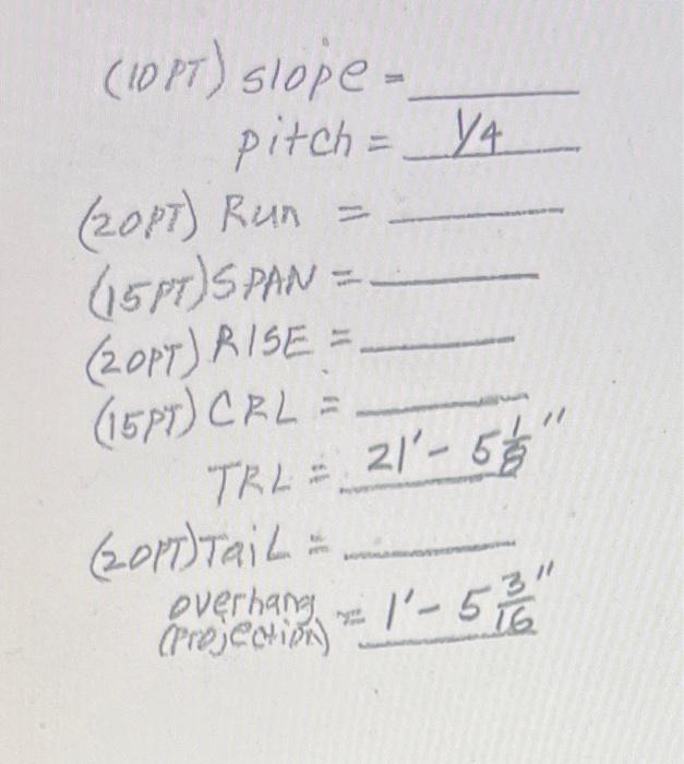 Solved (10PT) slope = pitch =1/4 (20PT) Run = (15 PT ) SPAN | Chegg.com