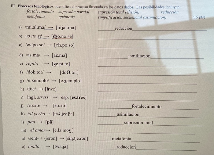 (15 pts III. Procesos fonológicos: identifica el | Chegg.com