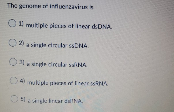 Solved The genome of influenzavirus is 1) multiple pieces of | Chegg.com