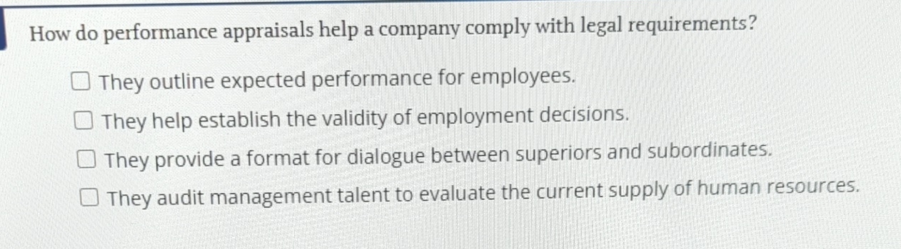 Solved How do performance appraisals help a company comply | Chegg.com