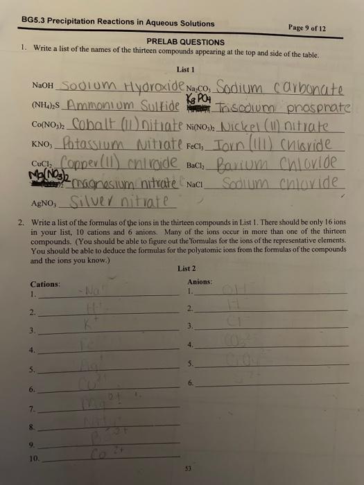 Solved BG5.3 Precipitation Reactions in Aqueous Solutions | Chegg.com