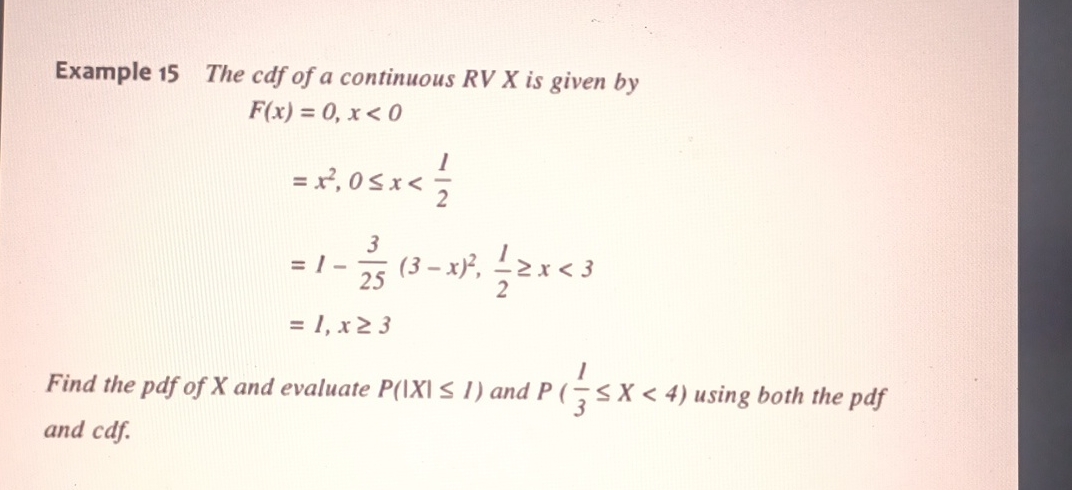 Solved Example 15 ﻿The cdf of a continuous RVx ﻿is given | Chegg.com