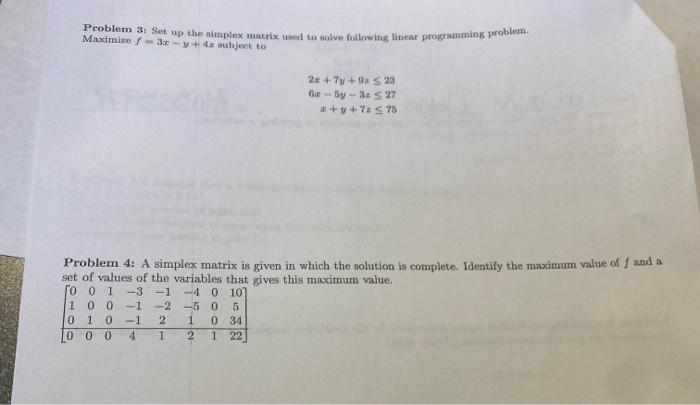 Solved Problem 31 set up the simplex matrix used to solve | Chegg.com