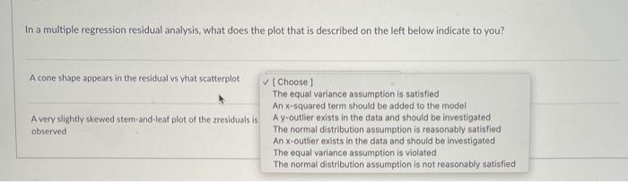 In a multiple regression residual analysis, what does | Chegg.com