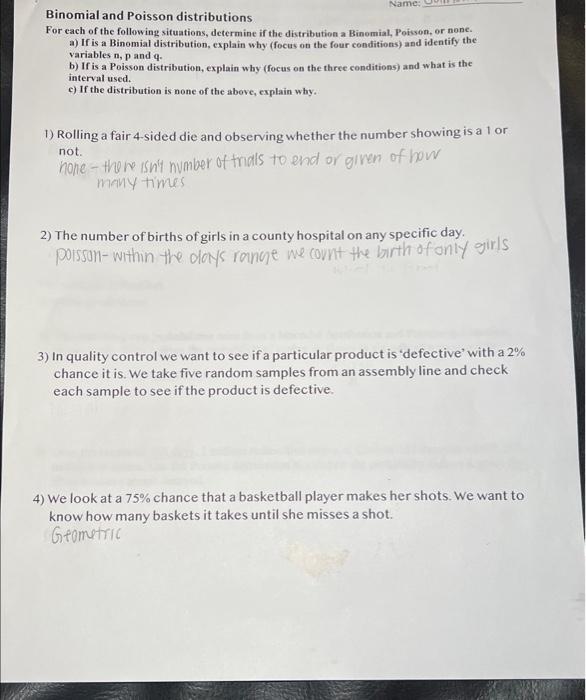 Solved Binomial And Poisson Distributions For Each Of The