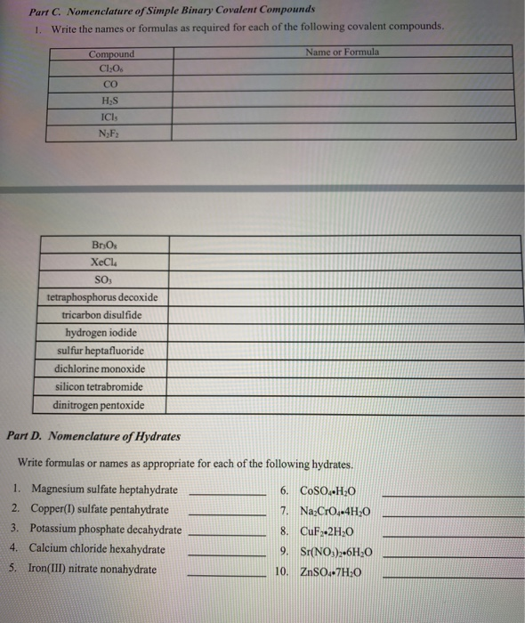 Solved Part C. Nomenclature of Simple Binary Covalent | Chegg.com