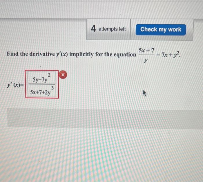 Solved Find the derivative y′(x) implicitly for the equation | Chegg.com