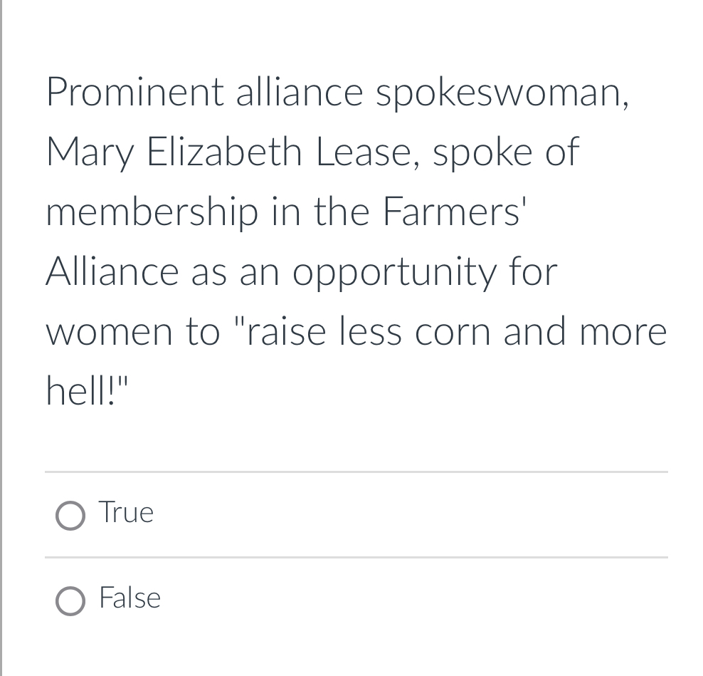 Solved Prominent alliance spokeswoman, Mary Elizabeth Lease, | Chegg.com