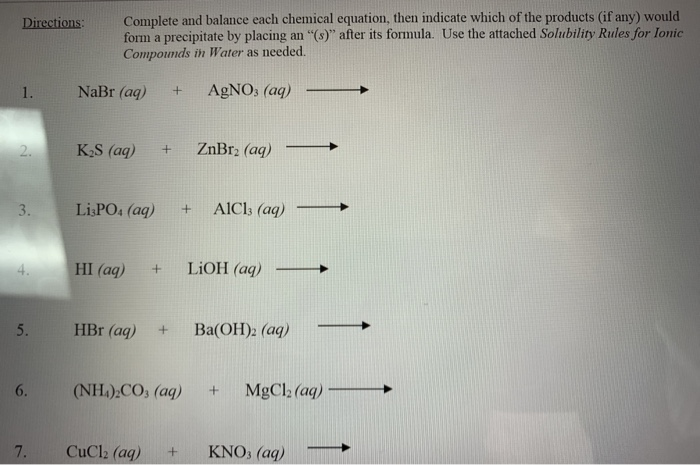 Solved Directions: Complete and balance each chemical | Chegg.com