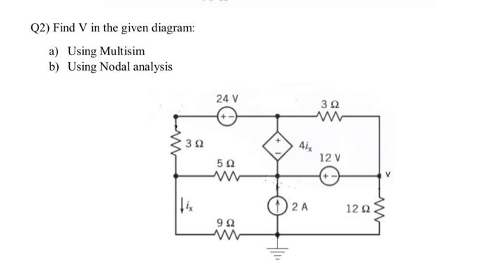 Solved Q2) Find V in the given diagram: a) Using Multisim b) | Chegg.com