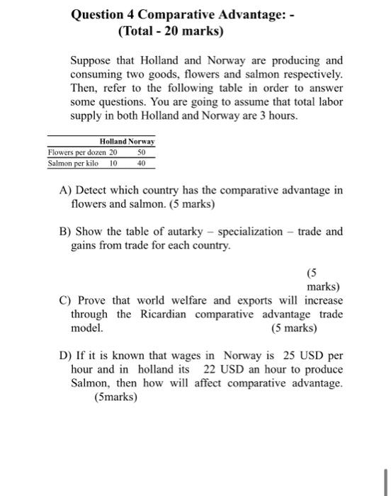 Solved Question 4 Comparative Advantage: - (Total - 20 | Chegg.com