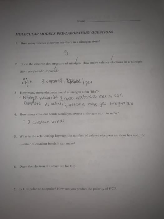 Solved Name MOLECULAR MODELS PRE-LABORATORY QUESTIONS 1. How | Chegg.com