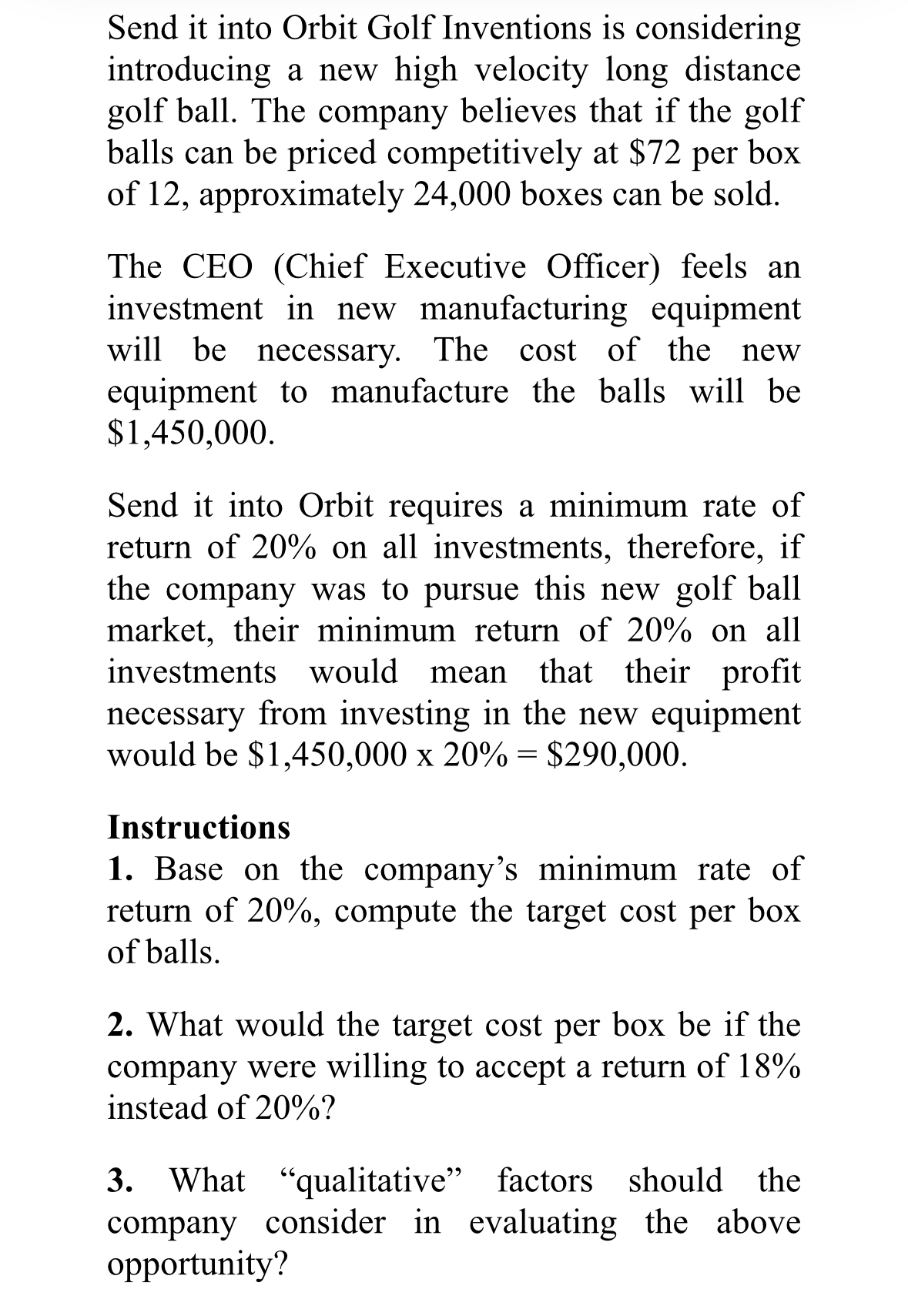 Solved (Do in excel format)Send it into Orbit Golf | Chegg.com