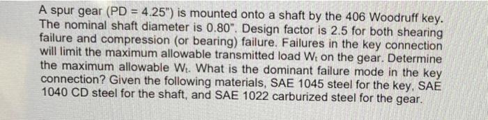 Solved A spur gear (PD = 4.25") is mounted onto a shaft by | Chegg.com