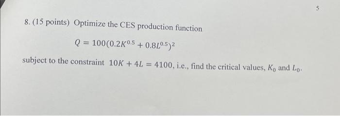 Solved 8. (15 points) Optimize the CES production function | Chegg.com