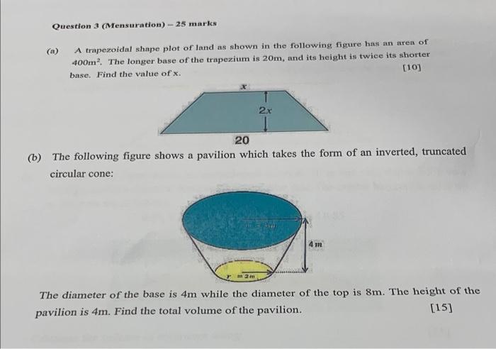 Solved (a) A trapezoidal shape plot of land as shown in the | Chegg.com