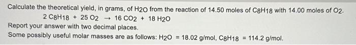 Calculate the theoretical yield, in grams, of H2O | Chegg.com