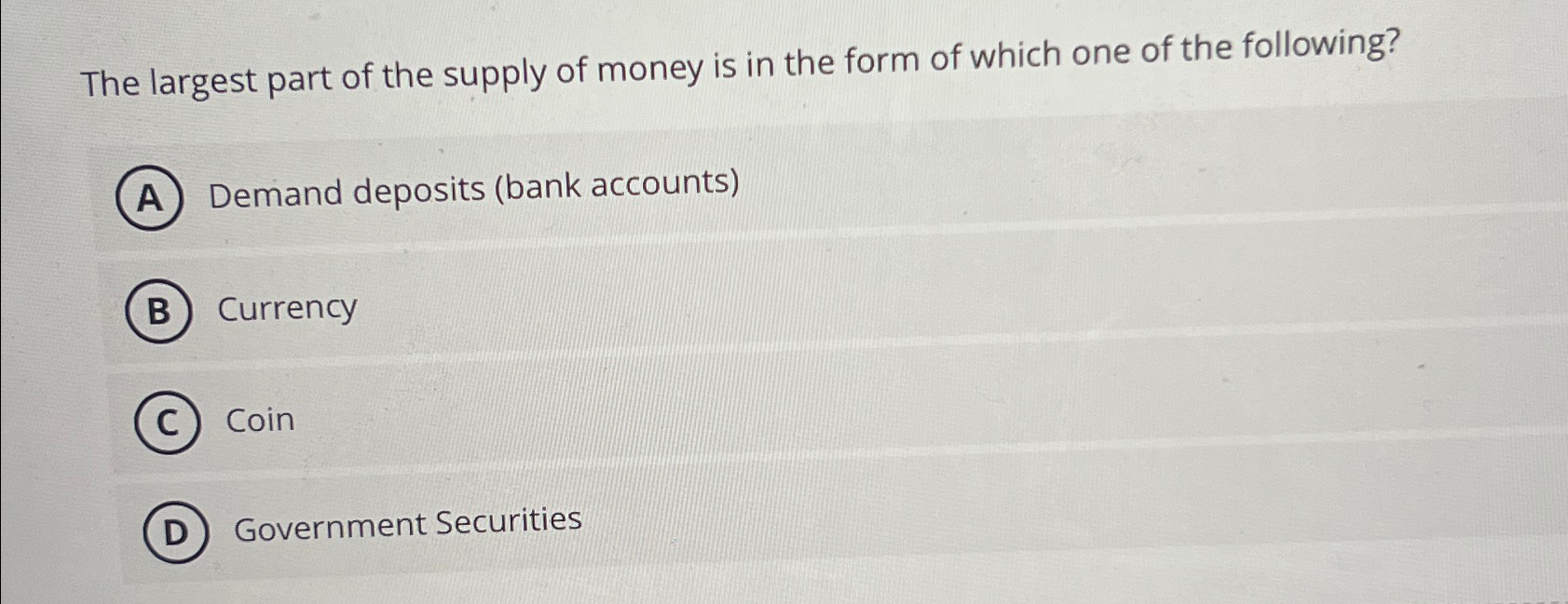 Solved The largest part of the supply of money is in the | Chegg.com