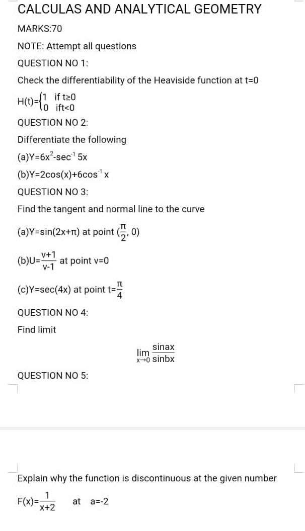 Solved CALCULAS AND ANALYTICAL GEOMETRY MARKS:70 NOTE: | Chegg.com