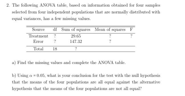 Solved 2. The following ANOVA table, based on information | Chegg.com