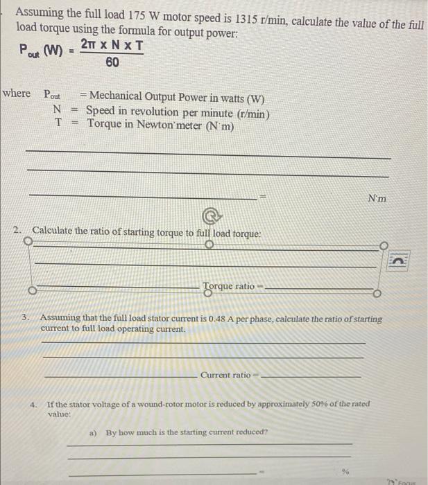 Assuming the full load 175 W motor speed is 1315 | Chegg.com