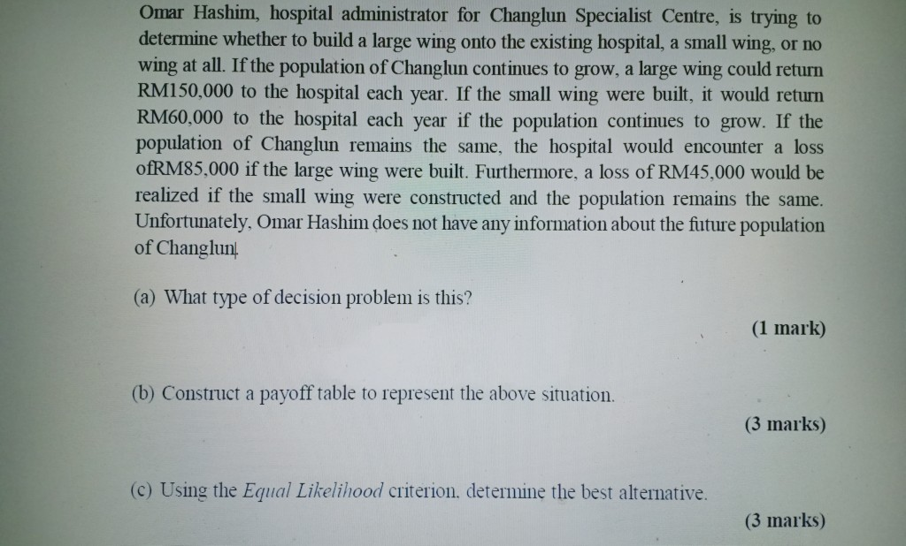 Omar Hashim, hospital administrator for Changlun | Chegg.com