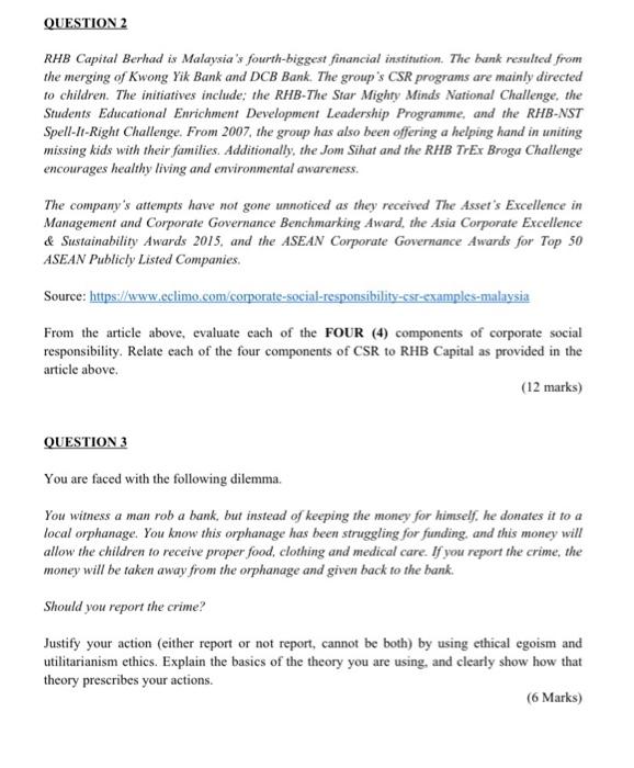 QUESTION 2 RHB Capital Berhad is Malaysia's | Chegg.com