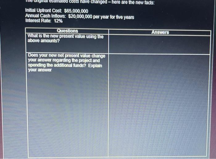 Solved Initial Upfront Cost $65,000,000 Annual Cash Inflows: | Chegg.com