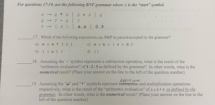 Solved For questions 17-19, use the following BNF grammar | Chegg.com