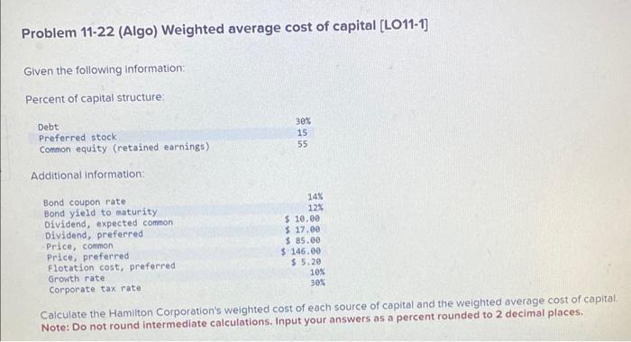 Solved Problem 11-22 (Algo) Weighted average cost of capital | Chegg.com