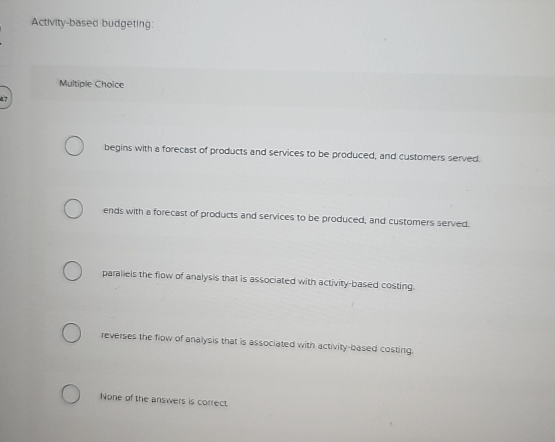 Solved Activity-based budgeting:Multiple Choicebegins with a | Chegg.com
