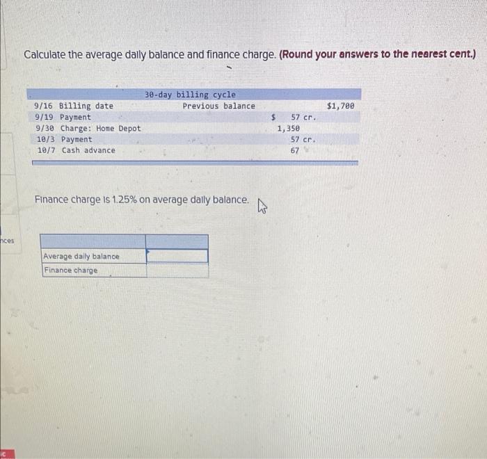 Solved Calculate the average daily balance and finance | Chegg.com