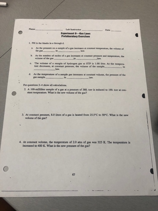 Solved Lab Instructor Experiment 8-Gas Laws Prelaboratory | Chegg.com