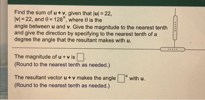 Solved Find the sum of u + v, given that Jul = 22, lvl = 22, | Chegg.com
