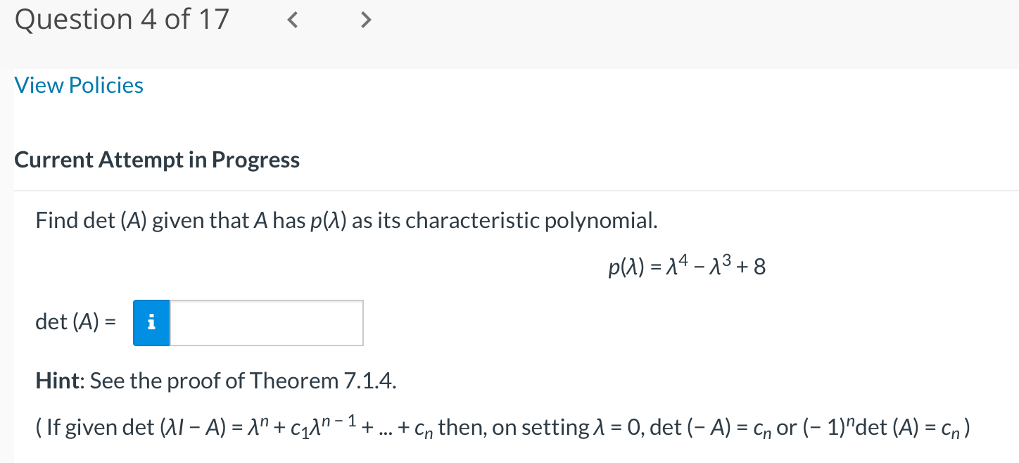 Solved Find det(A) ﻿given that A has p(λ) ﻿as its | Chegg.com