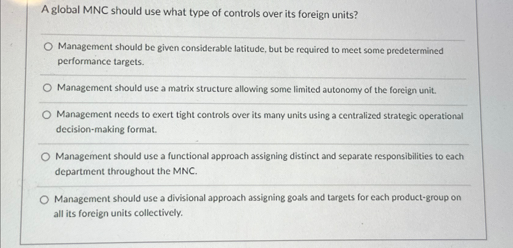 Solved A global MNC should use what type of controls over | Chegg.com