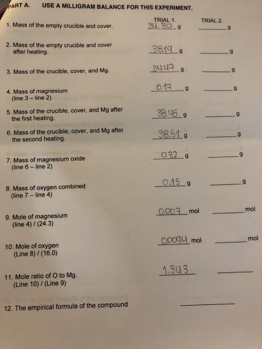 Solved PART A. USE A MILLIGRAM BALANCE FOR THIS EXPERIMENT. | Chegg.com