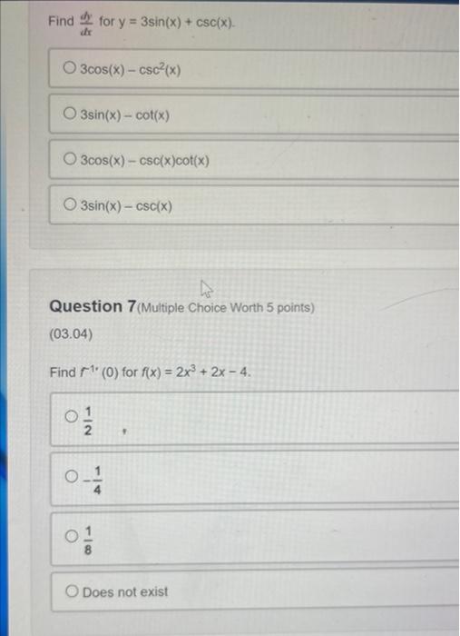 Solved Find dxdy for y=3sin(x)+csc(x). 3cos(x)−csc2(x) | Chegg.com