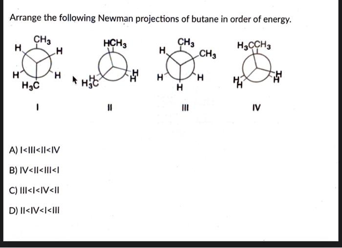 Solved Arrange the following Newman projections of butane in | Chegg.com