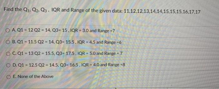 Solved Find the Q1, Q2, Q3, IQR and Range of the given data: | Chegg.com