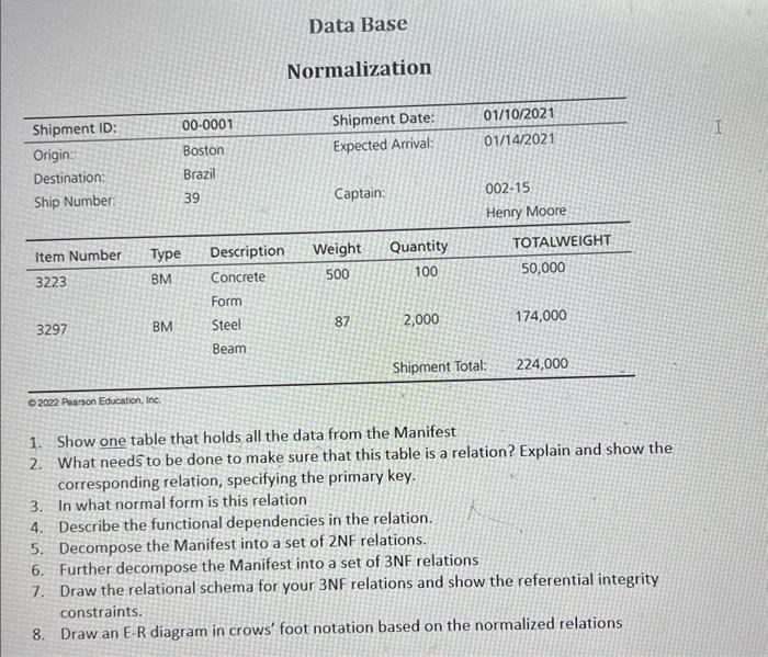 Data Base Normalization 02022 Puarson Education, Inc. | Chegg.com