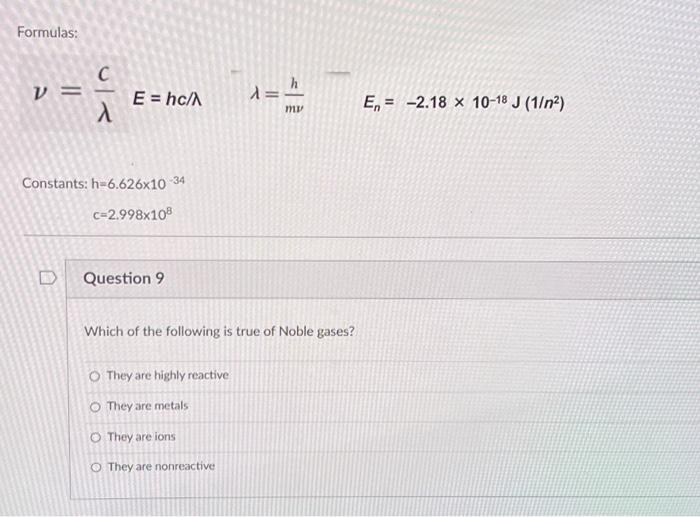 Solved Formulas: ν=λCE=hc/λλ=mνhEn=−2.18×10−18 J(1/n2) | Chegg.com