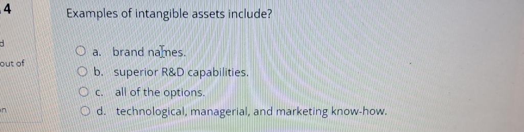 Solved Examples of intangible assets include?a. ﻿brand | Chegg.com