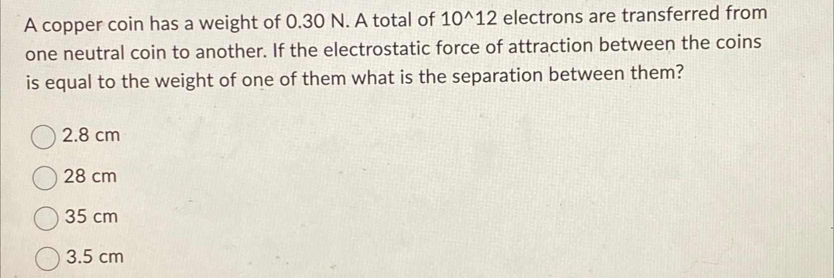 Solved A copper coin has a weight of 0.30N. A total of | Chegg.com