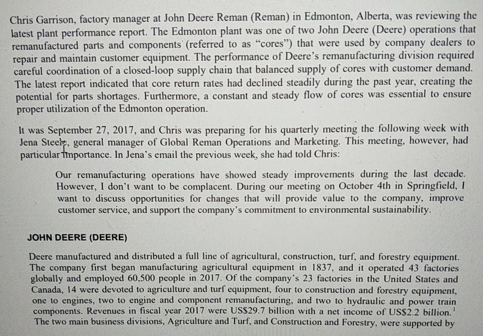 Solved Chris Garrison, factory manager at John Deere Reman | Chegg.com