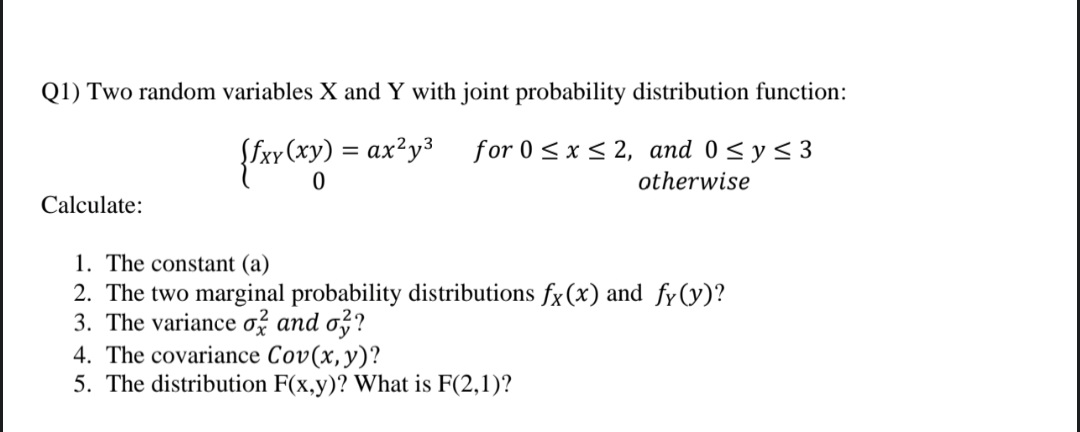 Q1) ﻿Two random variables x ﻿and Y ﻿with joint | Chegg.com