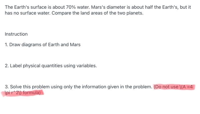 Solved The Earth's surface is about 70% water. Mars's | Chegg.com