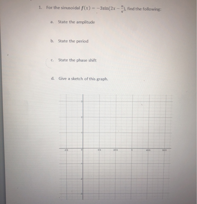 Solved 1. For the sinusoidal f(x) = -3sin(2x - ".), find the | Chegg.com