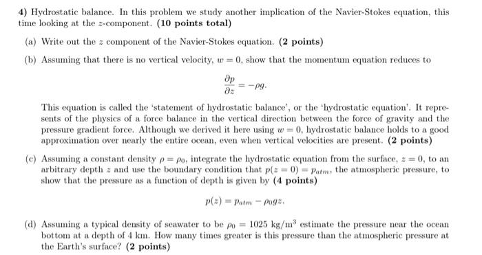 Solved 1) Hydrostatic balance. In this problem we study | Chegg.com