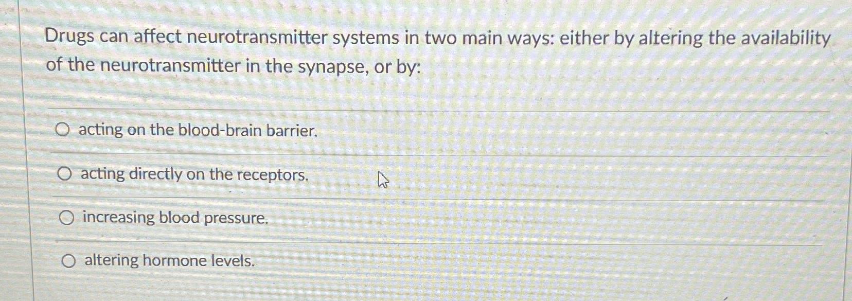 Solved Drugs can affect neurotransmitter systems in two main | Chegg.com